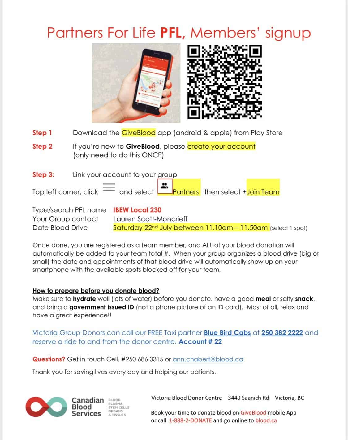 IBEW 230 Blood Drive!! Please click on photos for QR code and ...